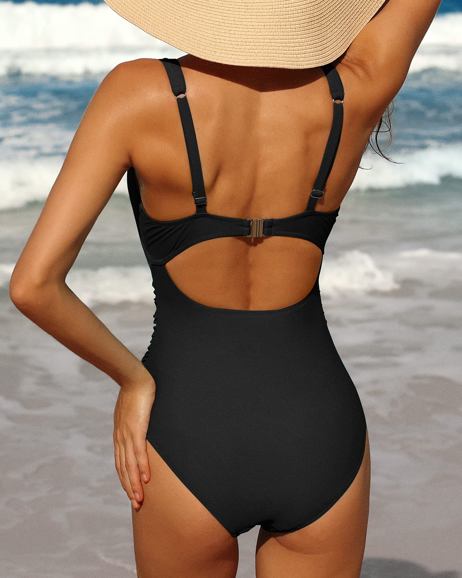 Charmo Womens One Piece Swimsuit Ruched Tummy Control High Cut Backless V Neck Bathing Suits Swimwear Black Large