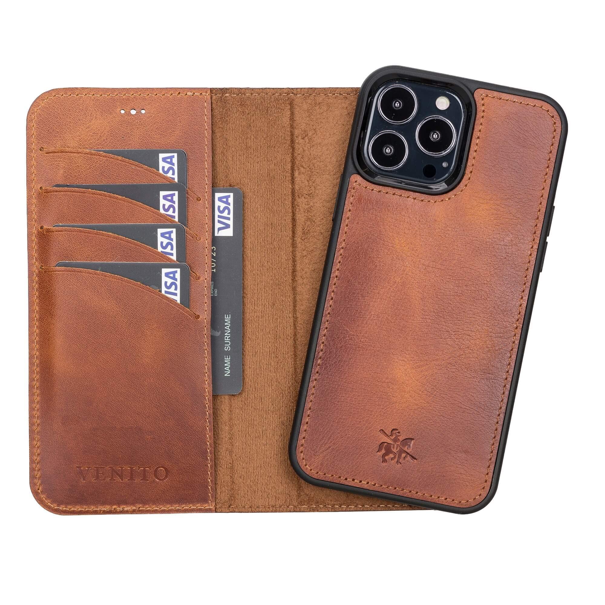 Venito Ravenna Slim Magic Leather Wallet Case for iPhone 13 Pro Max (6.7 in) with a Magnetic Flip & Four Card Slots and a Bill Pocket & Lightweight Frame - Antique Brown