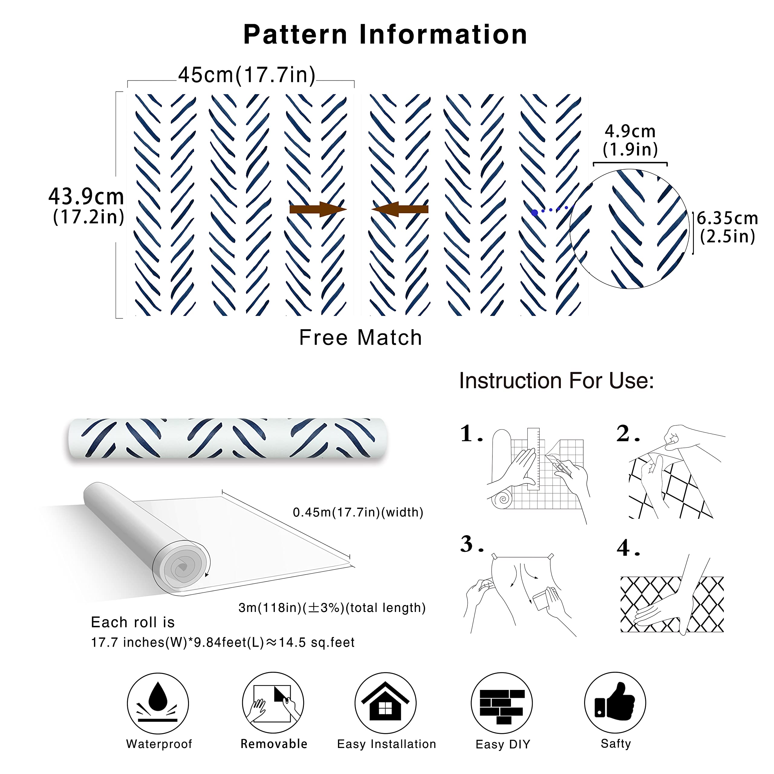 HAOKHOME Boho Peel and Stick Wallpaper Stripe Removable Navy/White Chevron Vinyl Contact Paper Mural for Home Decor 17.7in x 9.8ft