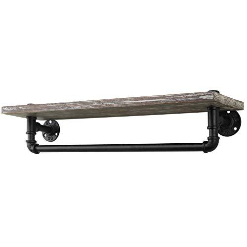 MyGift Rustic Torched Wood Small Bathroom Shelf Wall Mounted Industrial Metal Pipe Towel Bar
