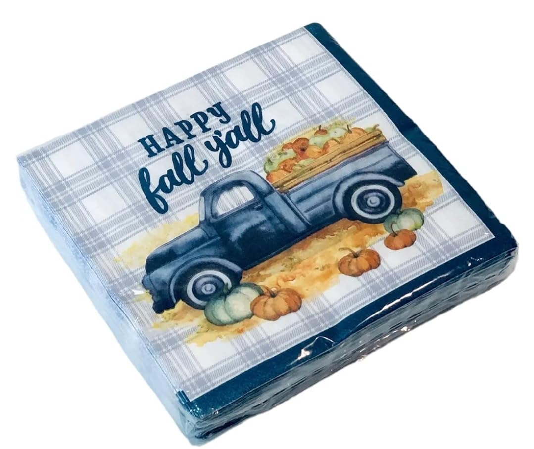Blue Retro Pumpkin Truck Fall Beverage Cocktail Napkins | Thanksgiving Fall Autumn Harvest Paper Disposable Paper Napkins | 5" x 5" size folded | 36-ct | 2-ply | Made in USA