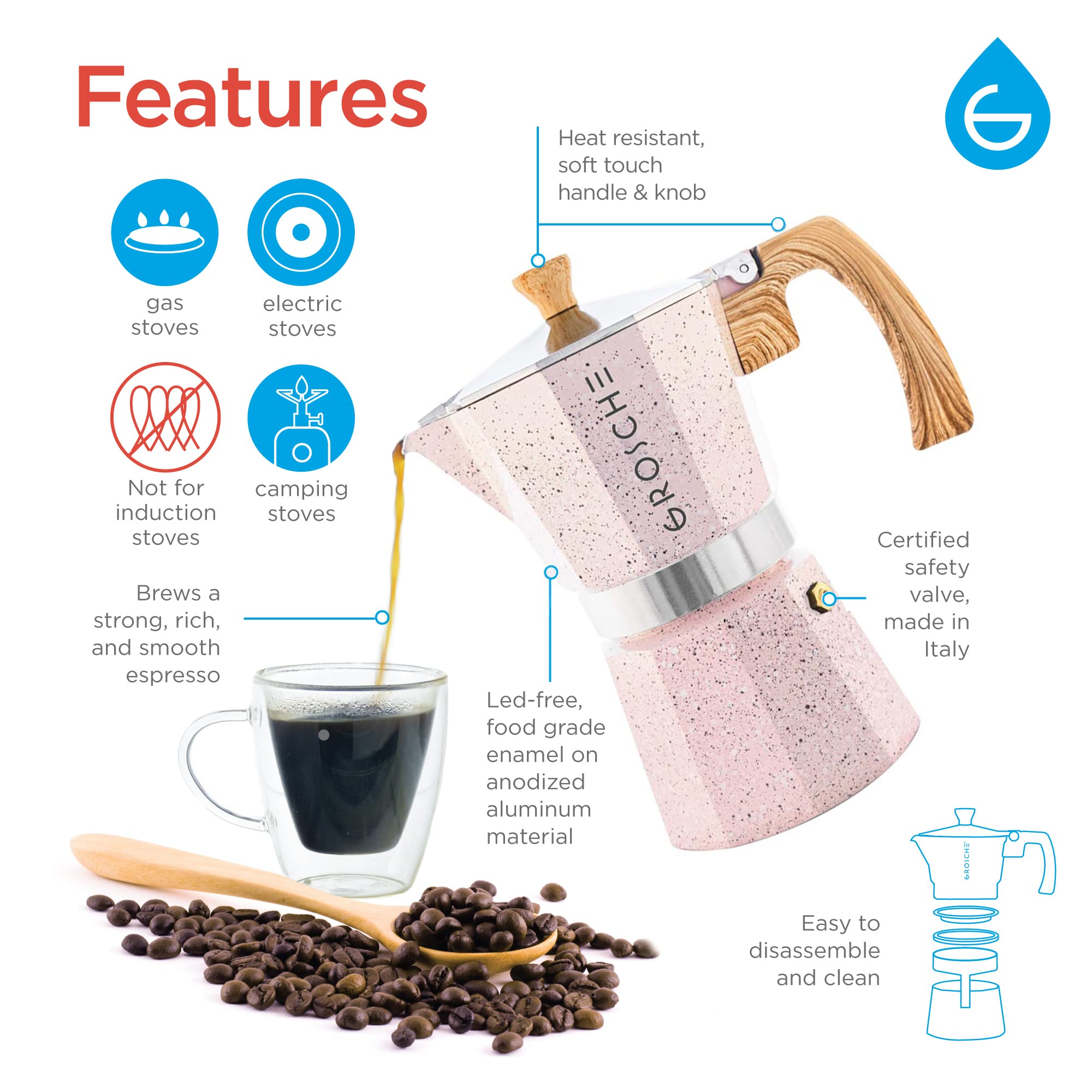 GROSCHE Milano Moka pot, Stovetop Espresso maker, Greca Coffee Maker, Stovetop coffee maker and espresso maker percolator (Pink, 6 cup)
