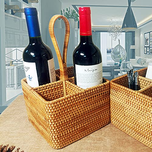 i-lan 2 Pack 4 Section Square Rattan Basket with Handle, 7”Divided Woven Remote Control Basket Tray with 5”Wall , Boho Catch-all Bottle Caddy Serving Basket Box for Cosmetic Organizer Utensils Holder