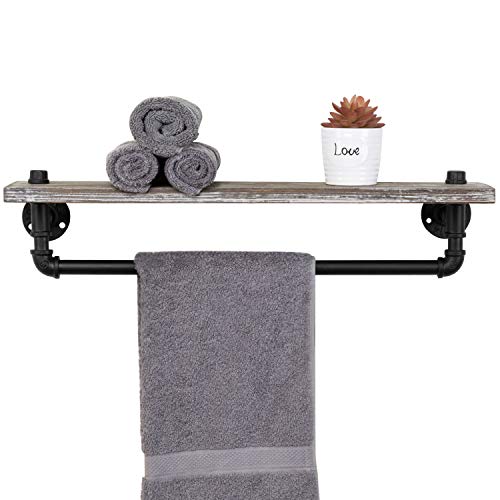 MyGift Rustic Torched Wood Small Bathroom Shelf Wall Mounted Industrial Metal Pipe Towel Bar