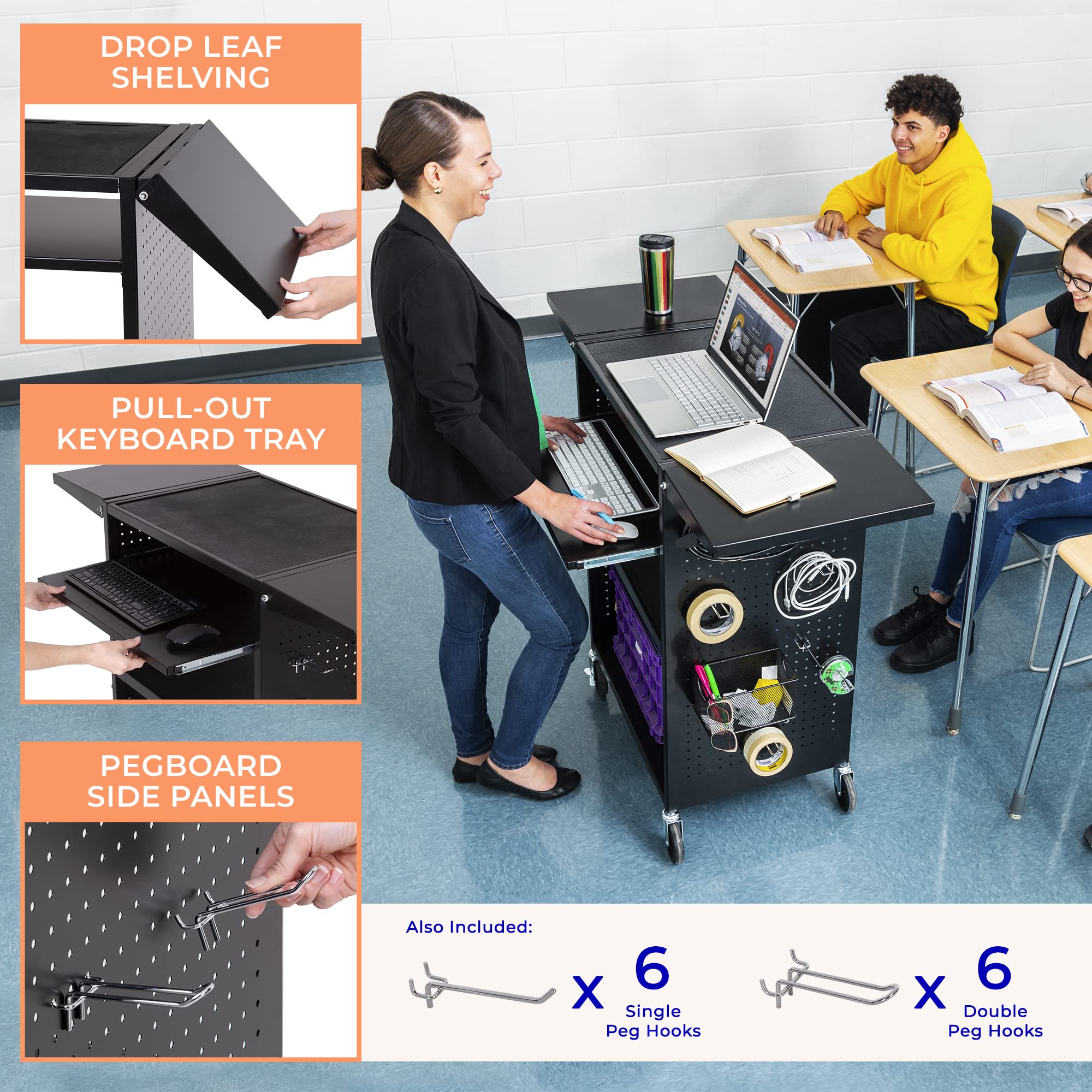 Line Leader Stellar AV Cart | Reimagine Your Teacher Cart with Revolutionary Pegboard Siding & 12 Movable Hooks for Customizable Storage | UL Safety Certified Cart | Keyboard Tray & Drop Leaf Shelving