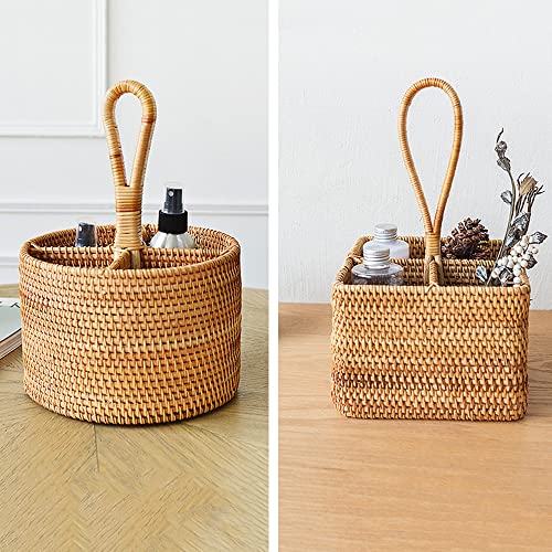 i-lan 2 Pack 4 Section Square Rattan Basket with Handle, 7”Divided Woven Remote Control Basket Tray with 5”Wall , Boho Catch-all Bottle Caddy Serving Basket Box for Cosmetic Organizer Utensils Holder