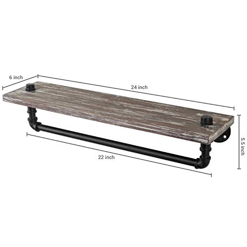MyGift Rustic Torched Wood Small Bathroom Shelf Wall Mounted Industrial Metal Pipe Towel Bar