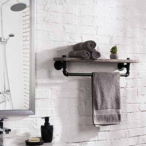 MyGift Rustic Torched Wood Small Bathroom Shelf Wall Mounted Industrial Metal Pipe Towel Bar