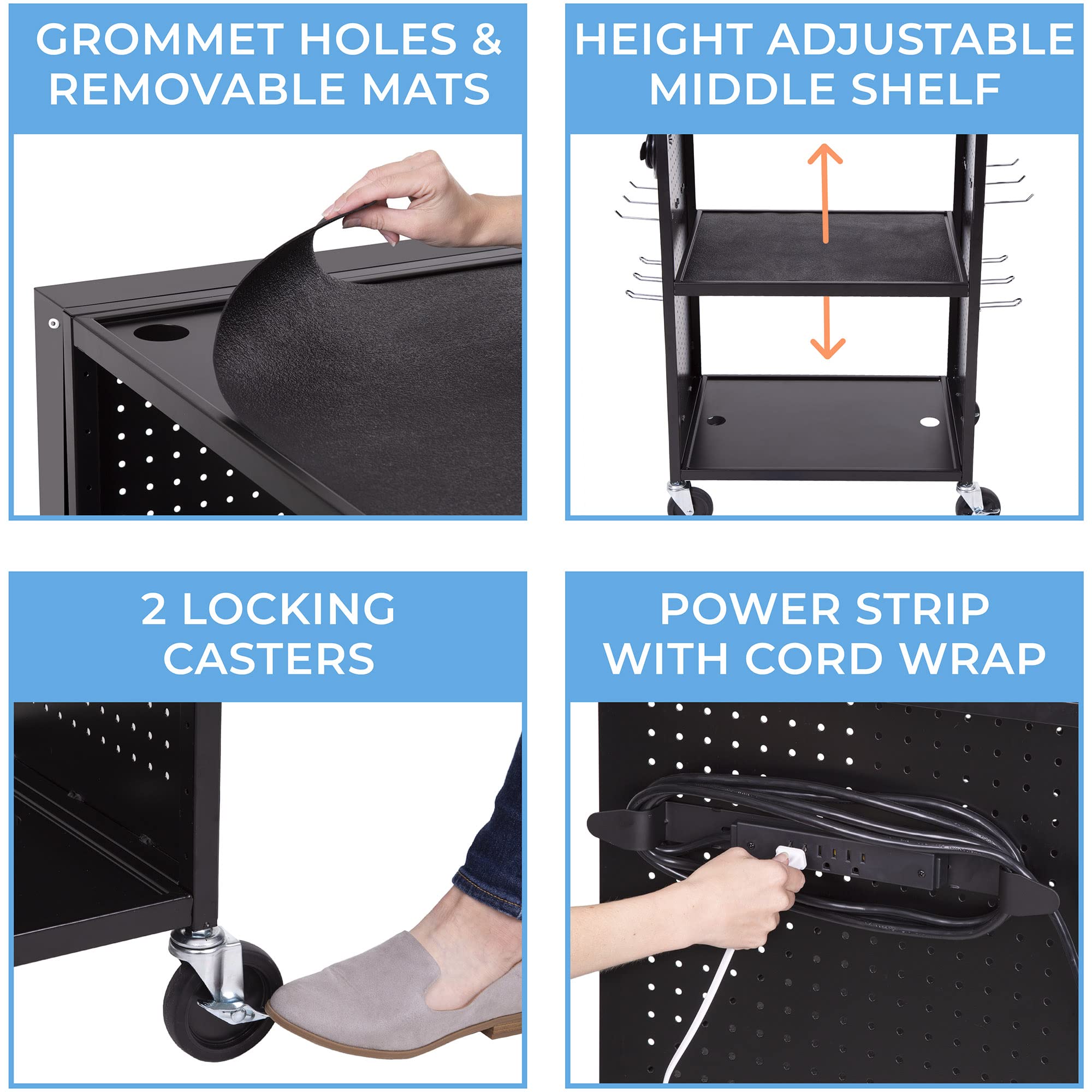 Line Leader Stellar AV Cart | Reimagine Your Teacher Cart with Revolutionary Pegboard Siding & 12 Movable Hooks for Customizable Storage | UL Safety Certified Cart | Keyboard Tray & Drop Leaf Shelving