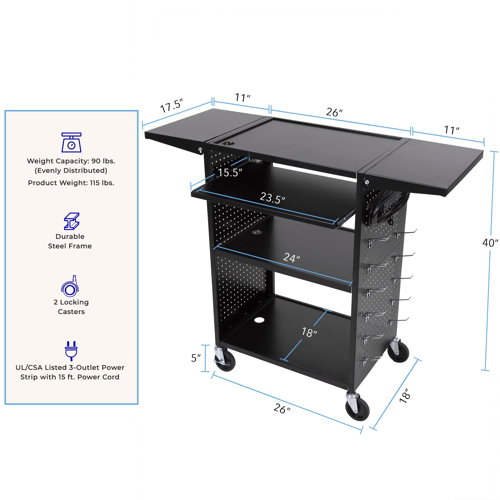 Line Leader Stellar AV Cart | Reimagine Your Teacher Cart with Revolutionary Pegboard Siding & 12 Movable Hooks for Customizable Storage | UL Safety Certified Cart | Keyboard Tray & Drop Leaf Shelving