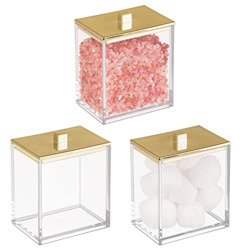 mDesign Plastic Rectangle Apothecary Canister - Organizer for Bathroom Vanity Countertop Shelf Decor - Holds Cotton Swabs, Soap, Makeup, Bath Salts - Lumiere Collection - 3 Pack - Clear/Soft Brass