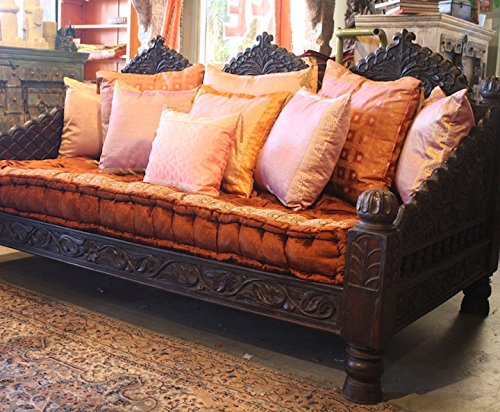 Worldcraft Industries Carved Jhula Day Bed. Twin Size. Handcrafted from Solid Indian Neem Wood (Medium Antique Finish, Day Bed Sofa: 44Dx83Wx40H)
