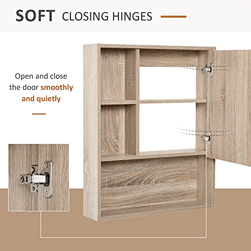 kleankin Wall-Mounted Wooden Bathroom Medicine Cabinet, Storage Cabinet with Mirror Glass Door Adjustable Open Shelf Oak Grain
