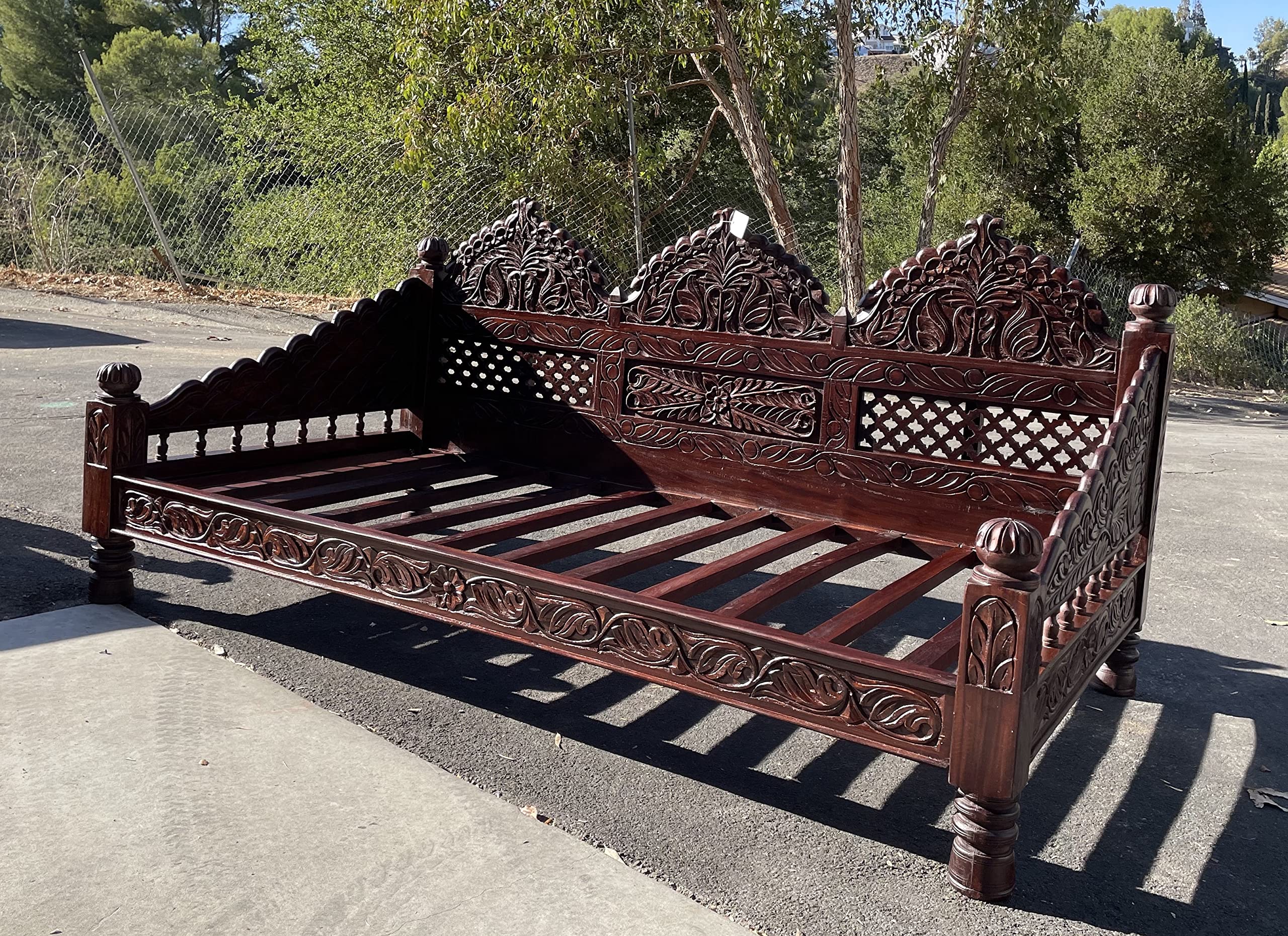 Worldcraft Industries Carved Jhula Day Bed. Twin Size. Handcrafted from Solid Indian Neem Wood (Medium Antique Finish, Day Bed Sofa: 44Dx83Wx40H)