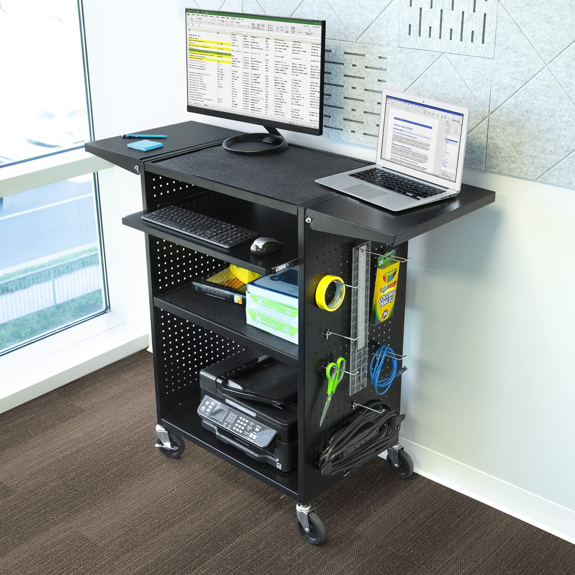 Line Leader Stellar AV Cart | Reimagine Your Teacher Cart with Revolutionary Pegboard Siding & 12 Movable Hooks for Customizable Storage | UL Safety Certified Cart | Keyboard Tray & Drop Leaf Shelving
