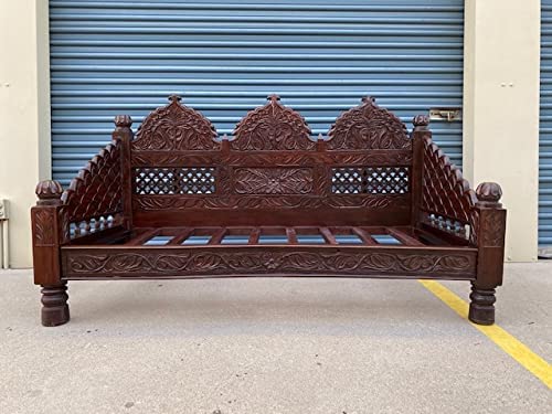 Worldcraft Industries Carved Jhula Day Bed. Twin Size. Handcrafted from Solid Indian Neem Wood (Medium Antique Finish, Day Bed Sofa: 44Dx83Wx40H)