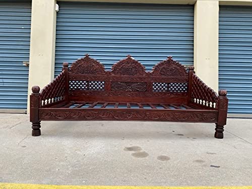 Worldcraft Industries Carved Jhula Day Bed. Twin Size. Handcrafted from Solid Indian Neem Wood (Medium Antique Finish, Day Bed Sofa: 44Dx83Wx40H)