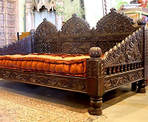 Worldcraft Industries Carved Jhula Day Bed. Twin Size. Handcrafted from Solid Indian Neem Wood (Medium Antique Finish, Day Bed Sofa: 44Dx83Wx40H)