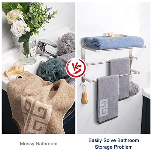 NearMoon Bathroom 3 Tier Towel Shelf- Premium SUS304 Stainless Steel Towel Rack with Double Towel Bar Space Saving Towel Hangers Bath Storage Organizer Accessory Wall Mounted (24 Inch, Brushed Nickel)