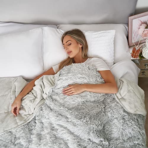 Sienna Fluffy Fleece Weighted Blankets for Adults Plush Fuzzy Warm Blanket Throw - Silver, 50" x 70" - 13.2lbs Heavy Blanket for Winter Reversible All-Season Summer Fall