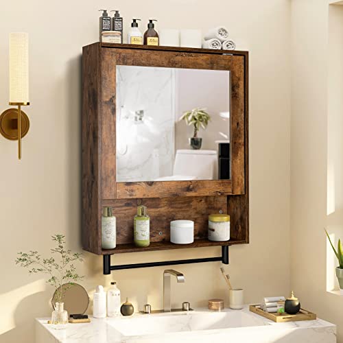 UEV Bathroom Cabinet,Dark Brown Wall Mounted Cabinet with Mirror, Retro Design with High-Definition Mirror and Tower Rack Combo,Extra Storage Space Available