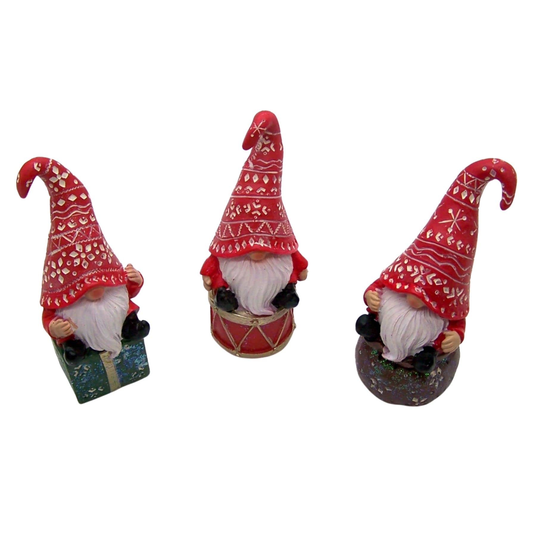 Wowser Festive Holiday Sitting Gnome Figurines, Christmas Decoration, 3 Assorted, 5 Inches