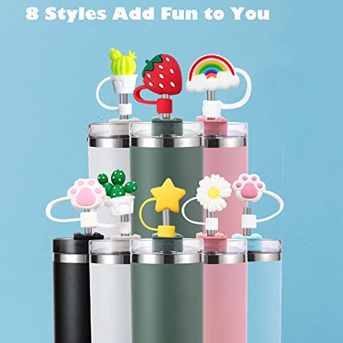 8pcs Straw Covers Cap for 0.4 inch/10mm Straws, Dust-Proof Straw Cap Tip Silicone Toppers Cartoon Reusable Plugs for Tumblers