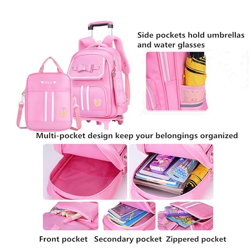 ZHANAO Rolling Trolley Bag Wheeled Backpack Bowknot for Girls Primary Schoolbag 3Pcs with Crossbody Bag Pencil Case