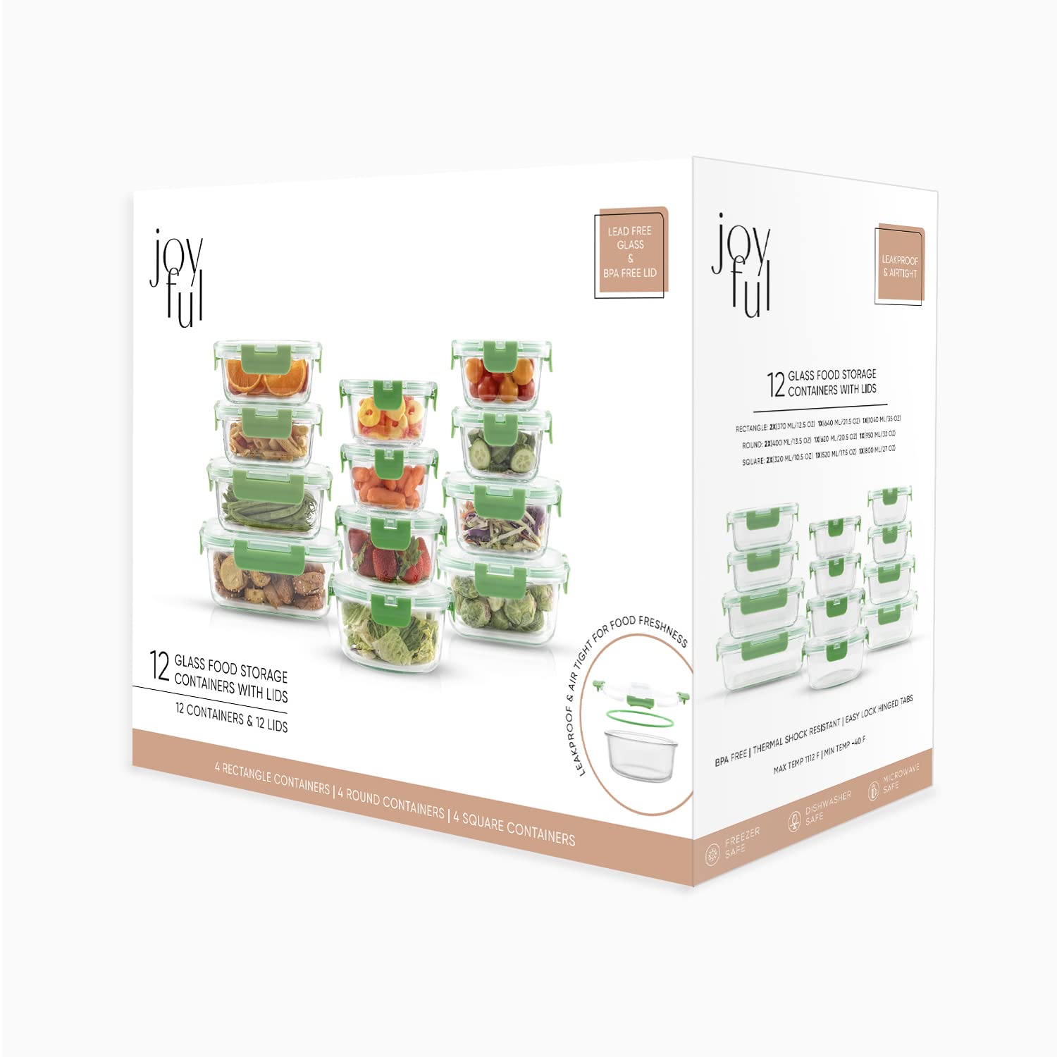JoyJolt JoyFul 24pc Borosilicate Glass Storage Containers with Lids. 12 Airtight, Freezer Safe Food Storage Containers, Pantry Kitchen Storage Containers, Glass Meal Prep Container for Lunch