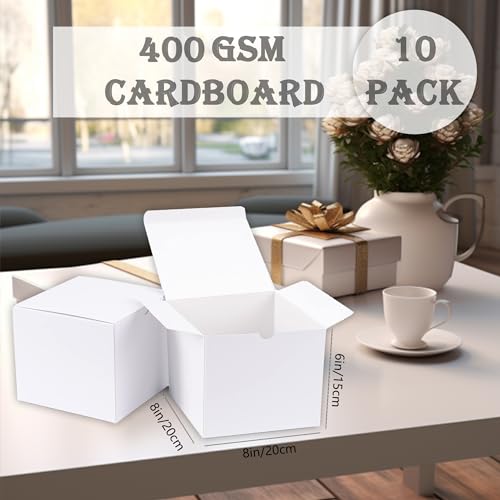 OfficeCastle 10 Pcs White Paper Gift Box with Lids, 8”x8”x6” White Foldable Paper Boxes for Party Presents, Birthday, Bridal Showers, Business