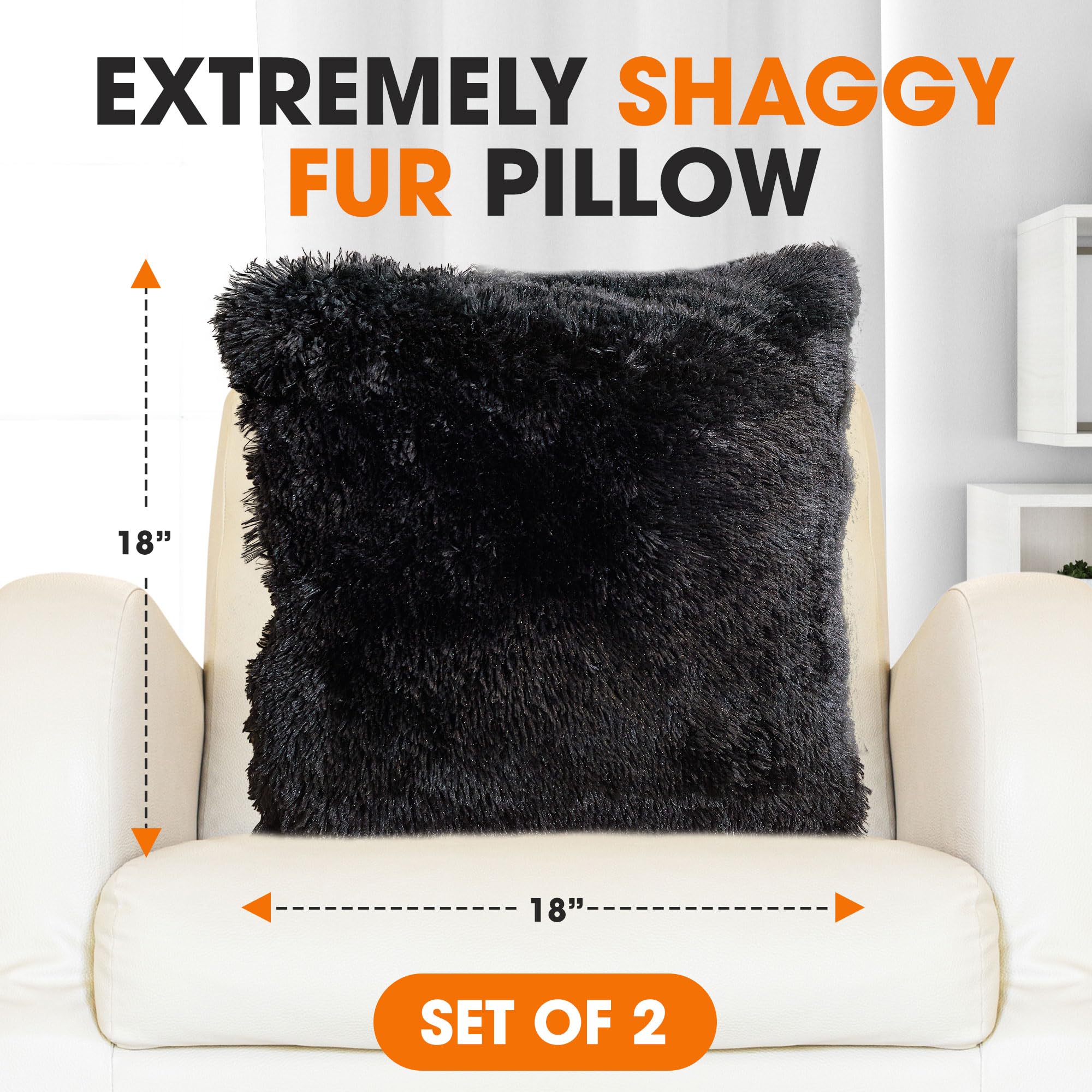 Cheer Collection Throw Pillows for Couch and Bed, Soft Shaggy Throw Pillows with Inserts Included, Cozy Long Hair Faux Fur Pillows - Set of 2-18" x 18" - Black