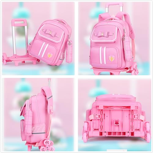 ZHANAO Rolling Trolley Bag Wheeled Backpack Bowknot for Girls Primary Schoolbag 3Pcs with Crossbody Bag Pencil Case