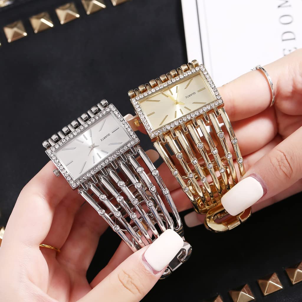 SENRUD Fashion Bracelet Watches for Women Luxury Rectangular Dial Analog Quartz Wrist Watch Gifts for Ladies (Diamond Gold)