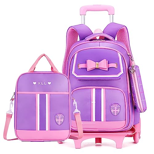 ZHANAO Rolling Trolley Bag Wheeled Backpack Bowknot for Girls Primary Schoolbag 3Pcs with Crossbody Bag Pencil Case