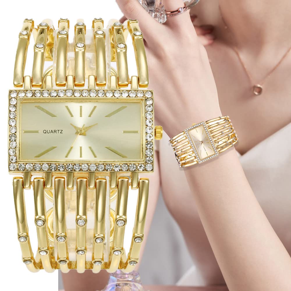 SENRUD Fashion Bracelet Watches for Women Luxury Rectangular Dial Analog Quartz Wrist Watch Gifts for Ladies (Diamond Gold)
