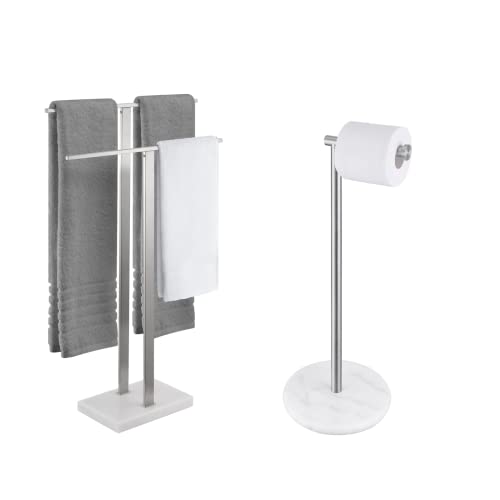 KES Standing Towel Rack & Natural Marble Toilet Paper Holder Stand, SUS304 Stainless Steel Brushed Finish, BTH217-2+BPH284S1-2