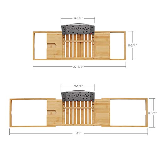 Casafield Bamboo Bathtub Caddy - Luxury Expandable Bath Tray - Adjustable Tub Organizer Holder for Tablet, Book, Phone, Wine Glass, Candles, and Soap