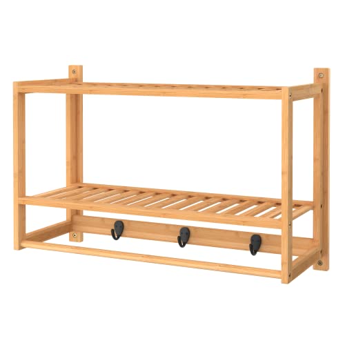 ClosetMaid Bamboo Wall Shelf with Towel Bar, 3 Hooks, Wall Mount Storage Shelves, 2 Tier, Organizer Rack, Natural Finish