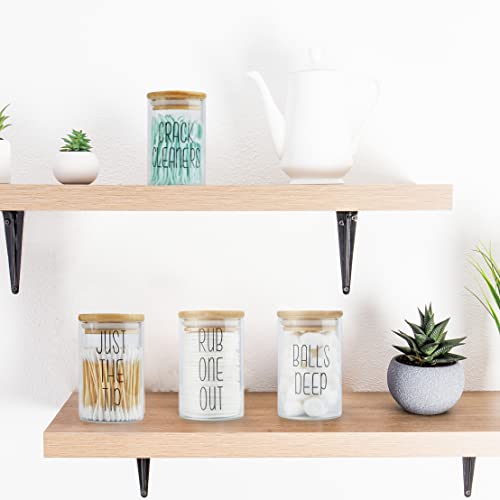 4 Pack Glass Apothecary Jars with Bamboo Lids, Qtip Holder Dispenser Bathroom Canisters Storage Organizer for Cotton Swabs, Pads, Balls and Dental Floss