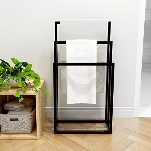 TSLY Metal Towel Rack 3 Bars Freestanding Drying Shelf 3 Tier Storage Organizer Washcloths Holder for Bathroom (Black)