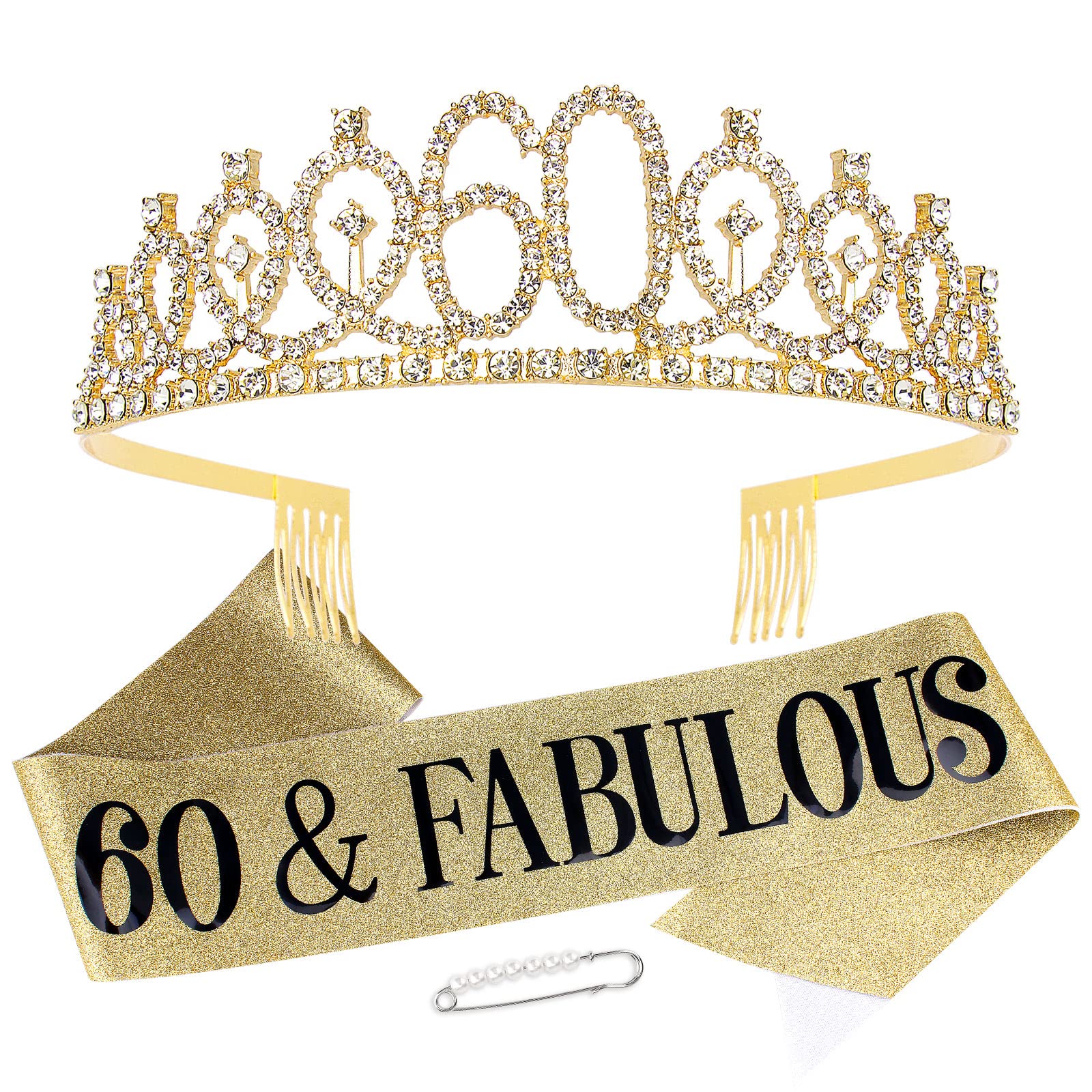 60th Birthday Sash and Tiara, Gold Tiara, 60th Birthday Gifts for Women, 60th Birthday Decorations for Women, Happy 60th Birthday Decorations
