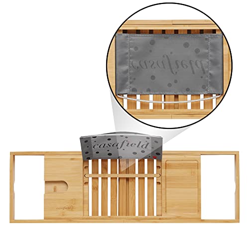 Casafield Bamboo Bathtub Caddy - Luxury Expandable Bath Tray - Adjustable Tub Organizer Holder for Tablet, Book, Phone, Wine Glass, Candles, and Soap