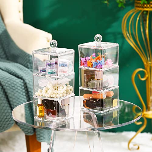 Hair Accessories Organizer for Girls, Stackable Hair Organizer Storage with Lids Acrylic Clear Hair Tie Organizer Bathroom Hair Bow Containers for Girls Headband Scrunchie Makeup Organizing (6 Pieces)