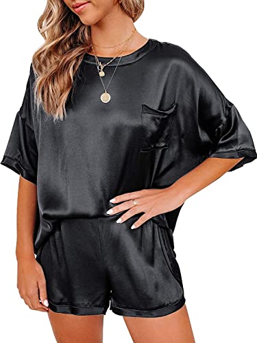 Ekouaer Satin Pajamas for Women Short Sleeve Silk Pajama Sets Soft Sleepwear Top with Causal Pj Shorts Black L