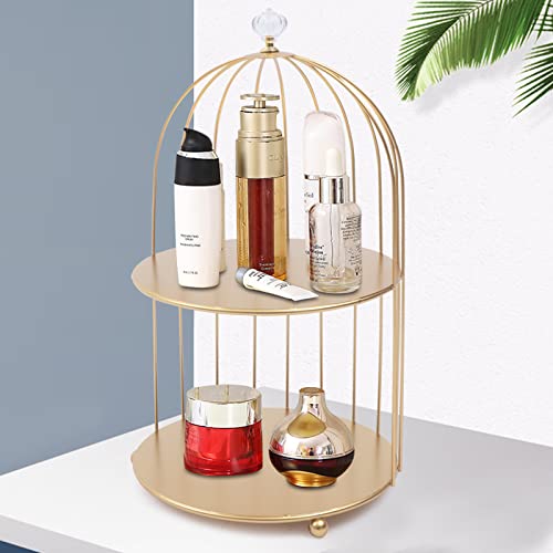 Gdrasuya10 Metal Makeup Organizer Birdcage Cosmetic Storage Rack Makeup Shelf 2 Tier Bird Cage Perfume Dessert Cupcake Rack Bathroom Storage Rack Golden