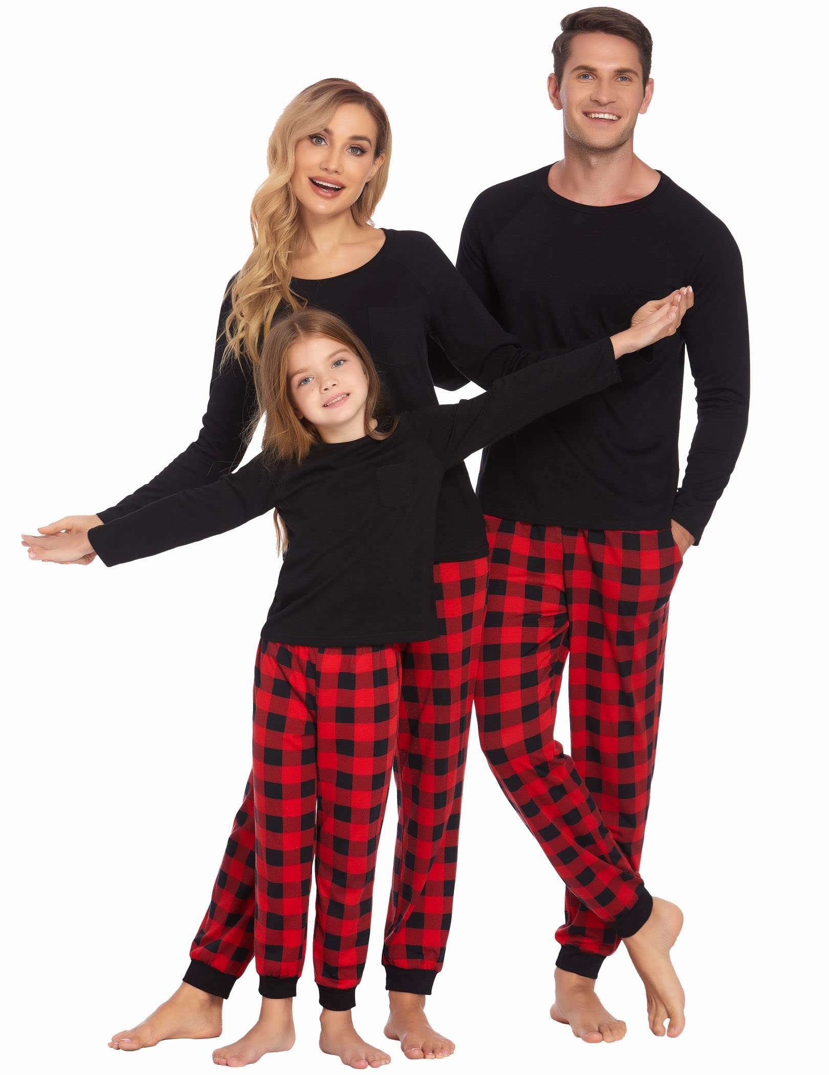Ekouaer Family Matching Pajamas Christmas Sleepwear Long Sleeve Sleep Shirt with Plaid Pants Soft Loungewear Pjs Set Black,Small