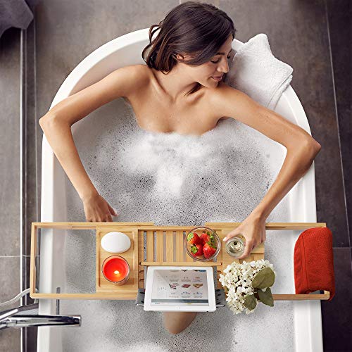 Casafield Bamboo Bathtub Caddy - Luxury Expandable Bath Tray - Adjustable Tub Organizer Holder for Tablet, Book, Phone, Wine Glass, Candles, and Soap