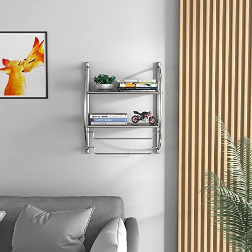 Safstar Wall Mounted Bathroom Shelf, 2-Tier Metal Bathroom Towel Rack w/Leaky Design Shelves & Towel Bars, Chrome Bathroom Shelf for Living Room Kitchen Bathroom, 18"W X 10"D X 22"H, Silver