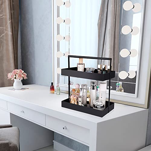 YANBETTER 2 Tier Bathroom Countertop Sink Vanity Trays, Black Makeup Organizer for Bathroom Supplies Kitchen Spice Rack Countertop Storage Shelf Cosmetic Vanity Storage Tray (black2)