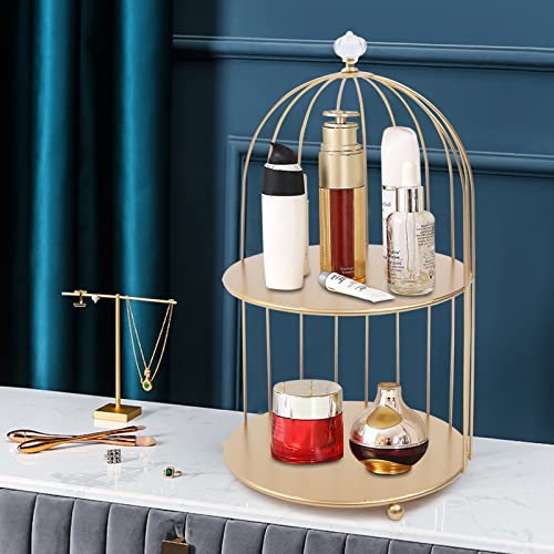 Gdrasuya10 Metal Makeup Organizer Birdcage Cosmetic Storage Rack Makeup Shelf 2 Tier Bird Cage Perfume Dessert Cupcake Rack Bathroom Storage Rack Golden